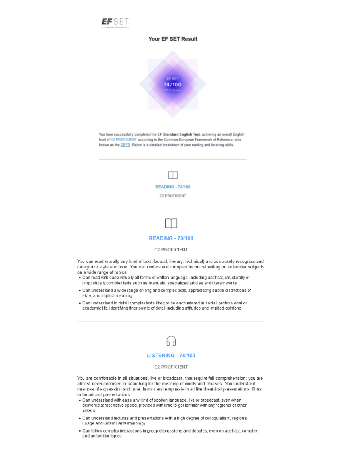 EF-SET - sssdaws - EFSET STANDARD ENGLISH TE Your EF SET Result EF SET C2 Proficient You have ...