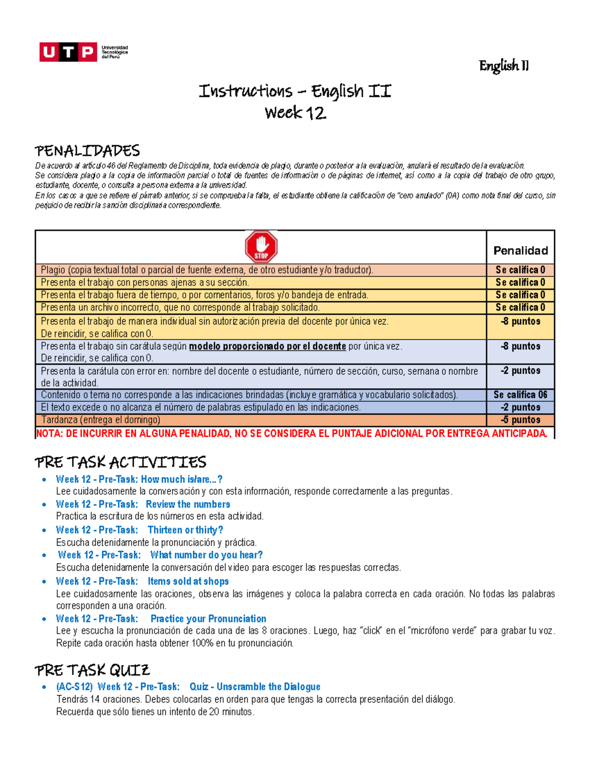 Week 12 - Indicaciones en español para el alumno - Inglés 2 - English ...