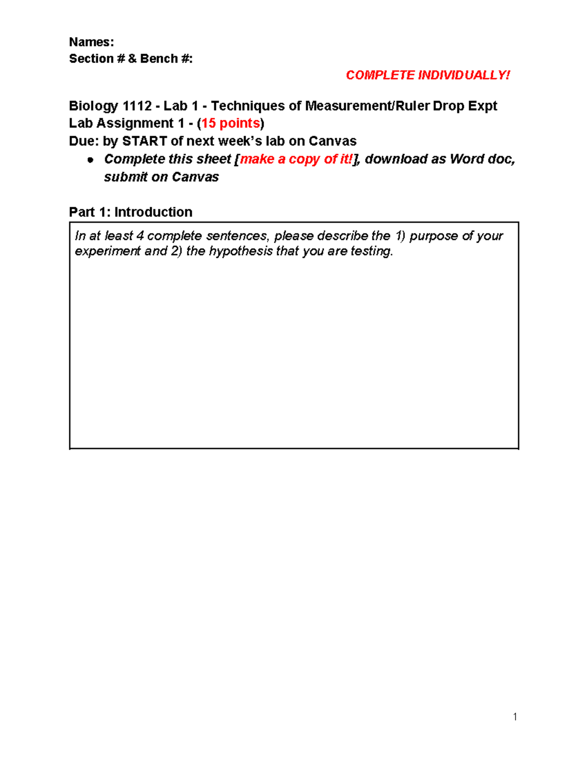 Lab 1 - Assignment - The Ruler Drop Experiment - Section # & Bench ...