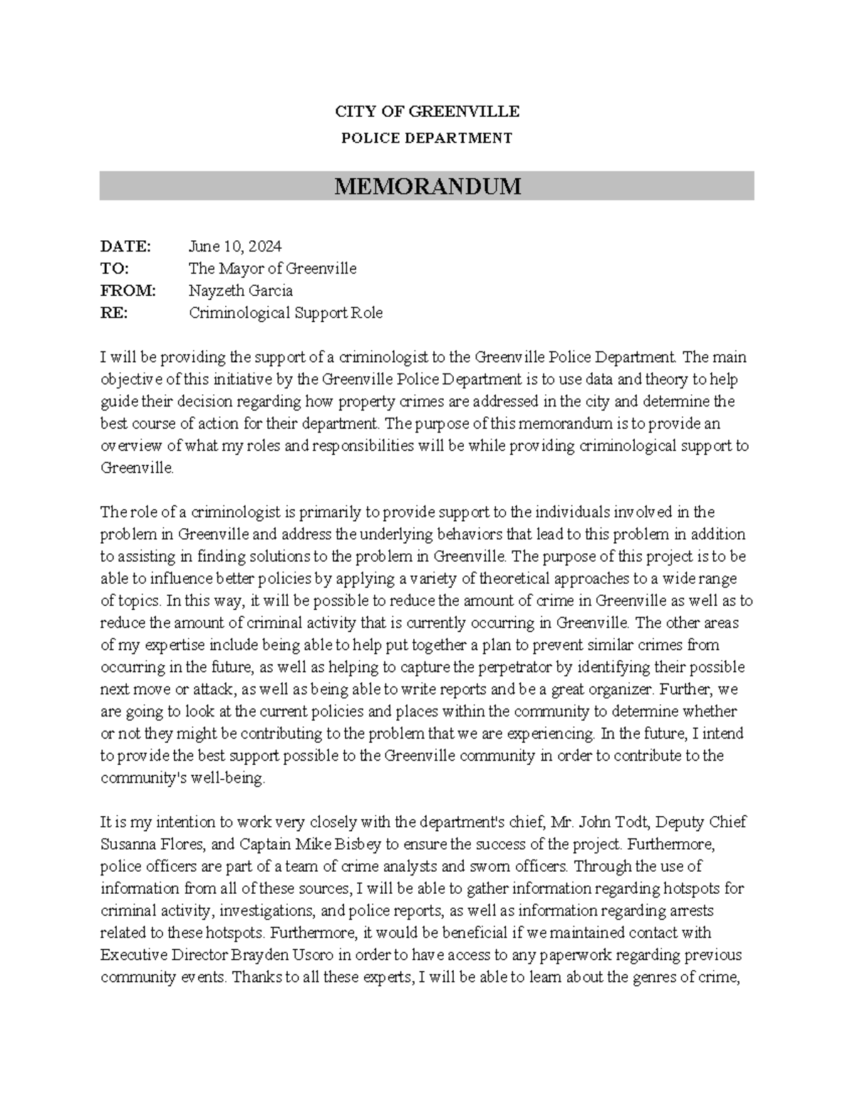 CJ 306 Project One Memo Template (2) - CITY OF GREENVILLE POLICE ...