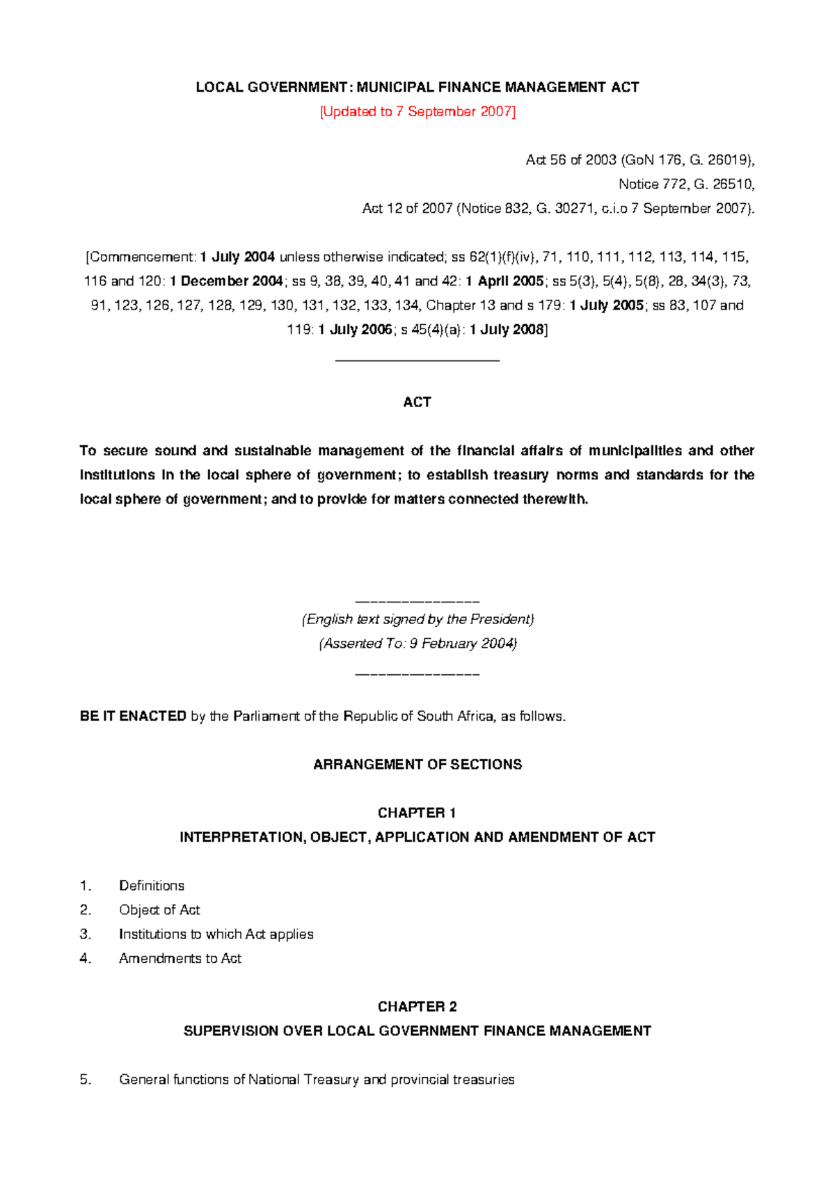 Municipal Finance Management Act - LOCAL GOVERNMENT: MUNICIPAL FINANCE ...