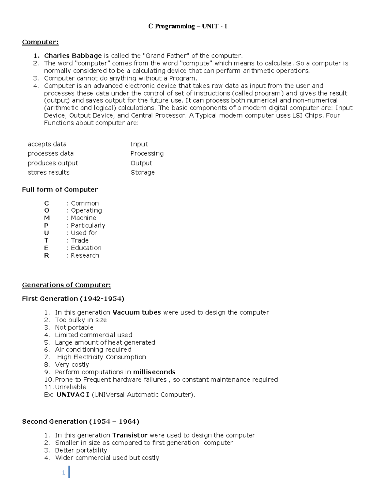Unit 1 part1-Fundamental - Computer: 1. Charles Babbage is called the "Grand Father" of - Studocu