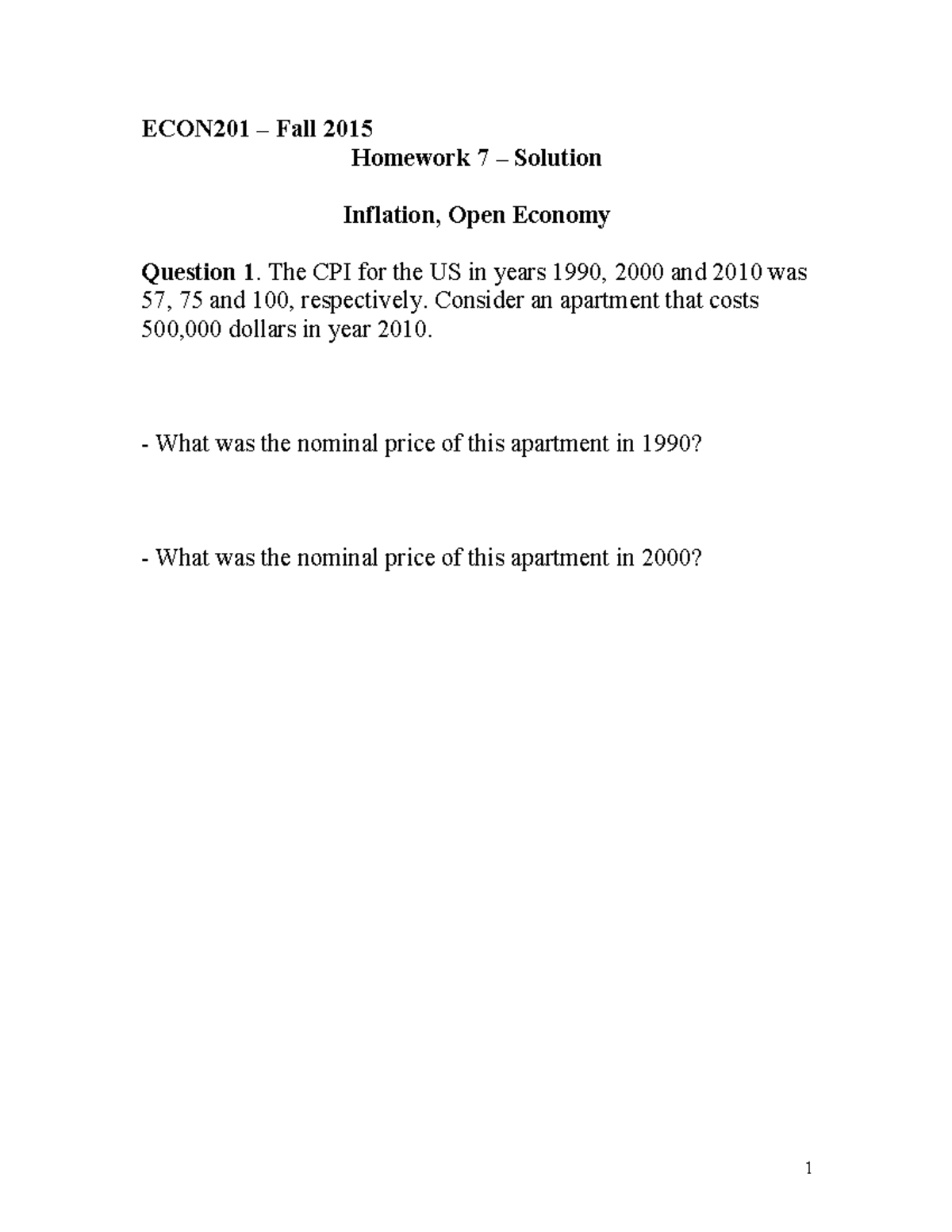 Pset7sol Slides - ECON201 – Fall 2015 Homework 7 – Solution Inflation ...