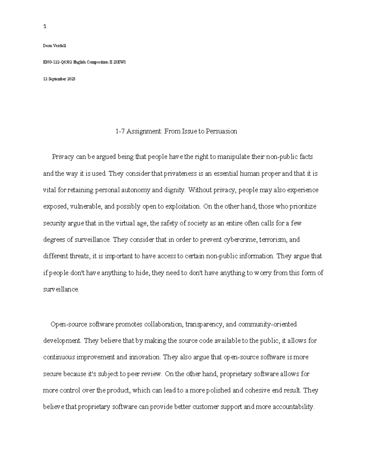 1-7 Assignment From Issue to Persuasion - 1 Deon Verdell ENG-122-Q6582 ...