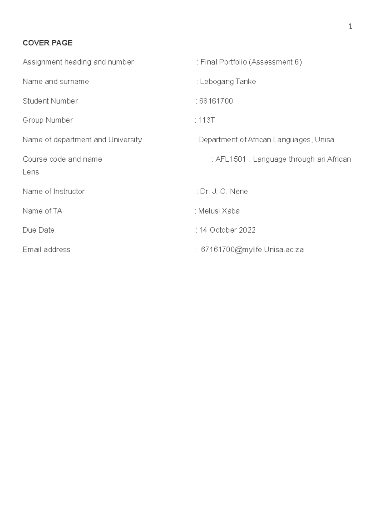AFL1501 portfolio lebo final - COVER PAGE Assignment heading and number ...