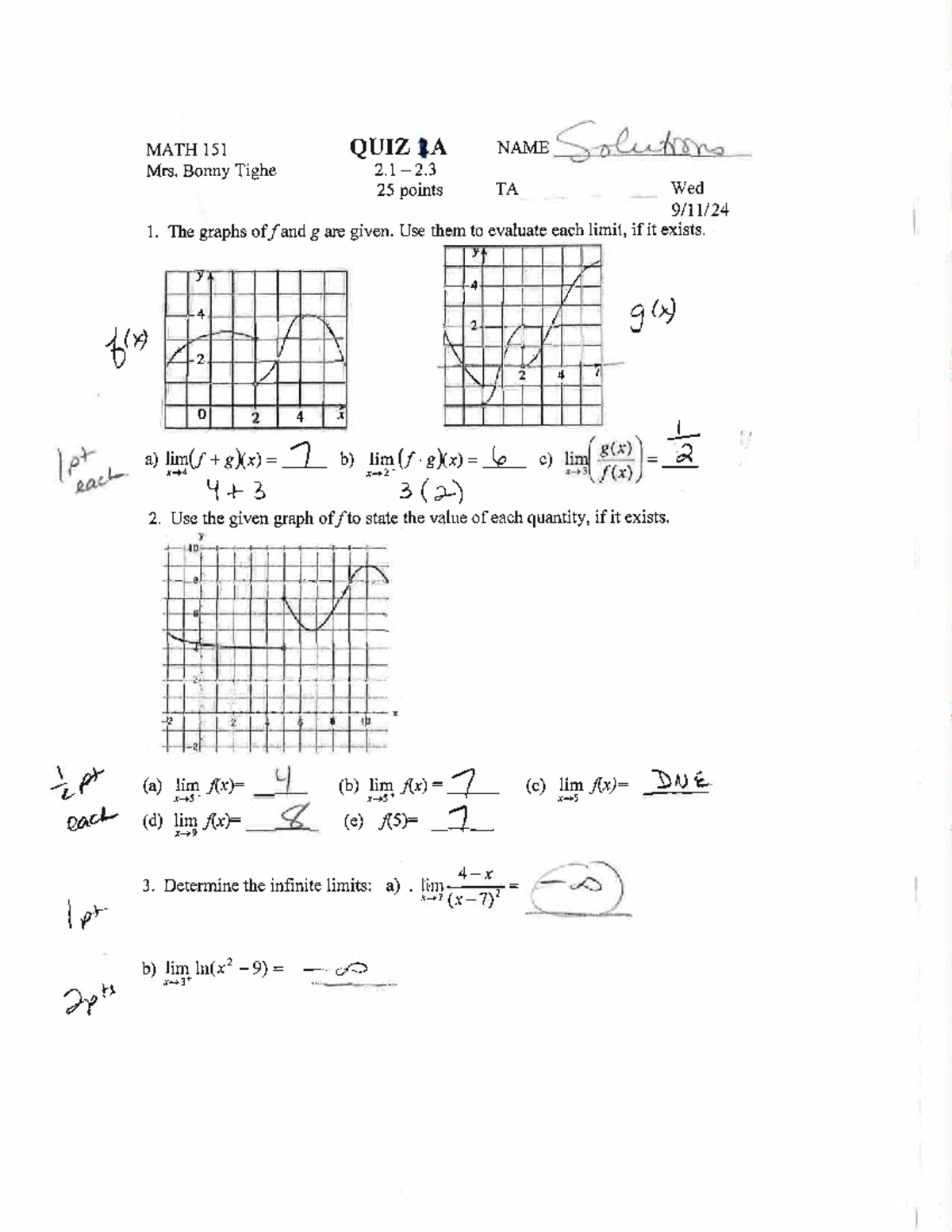 Quiz 1A FA 24 solutions - First quiz for Math 151/Calc 1 for school ...