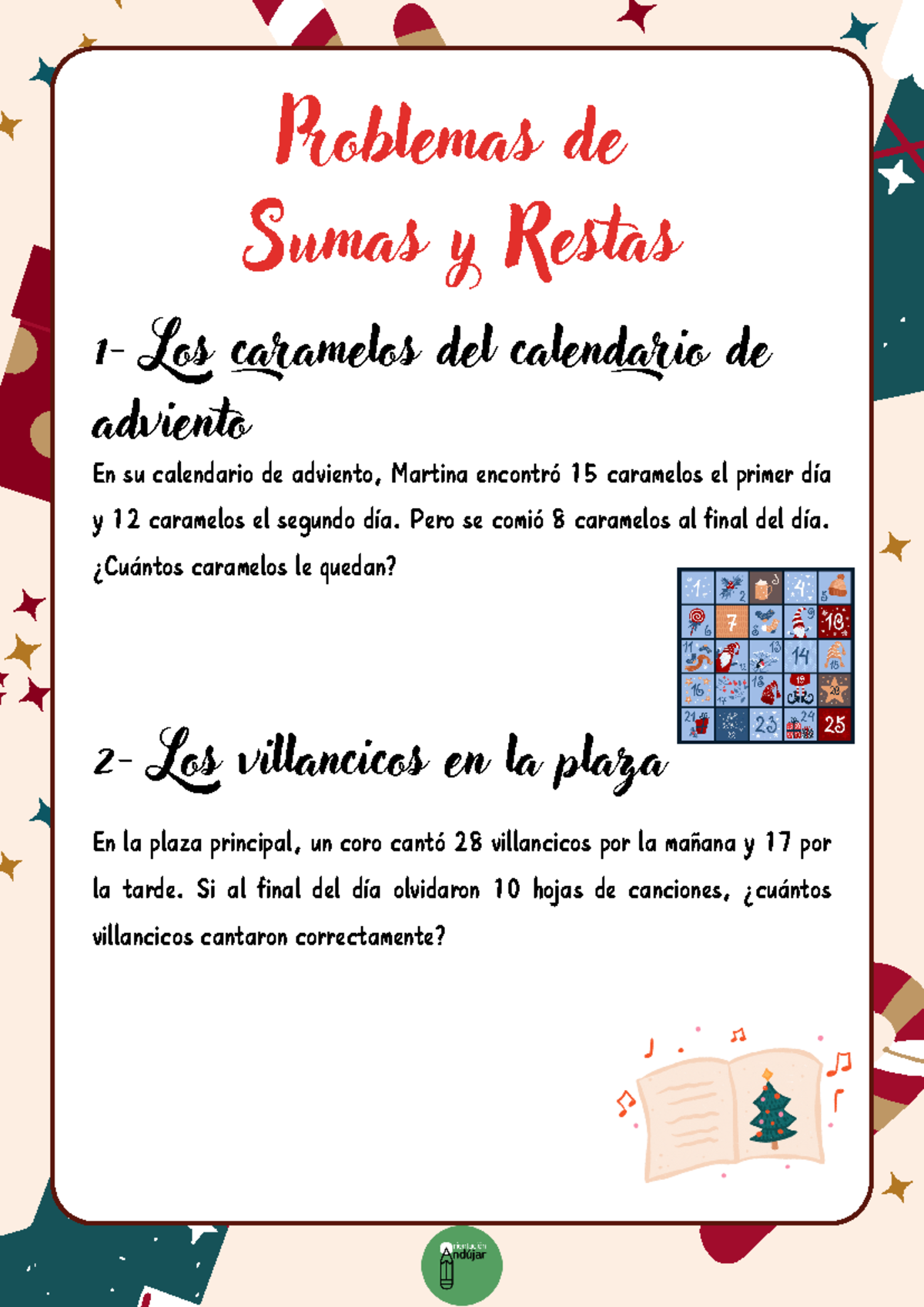 Problemas de Sumas y Restas Navidad - Sumas y Restas En su calendario ...