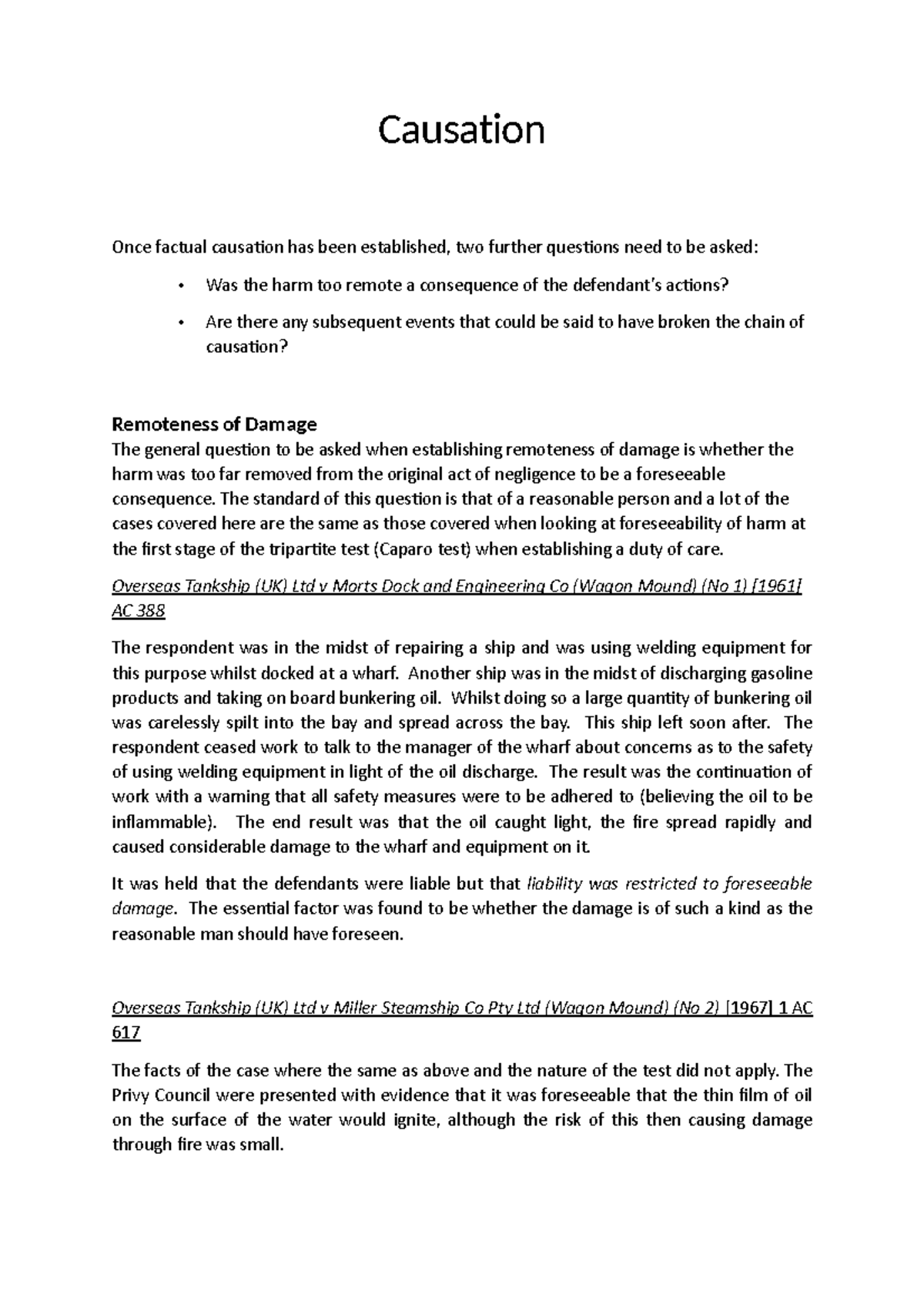 Causation notes - Causation Once factual causa,on has been established ...