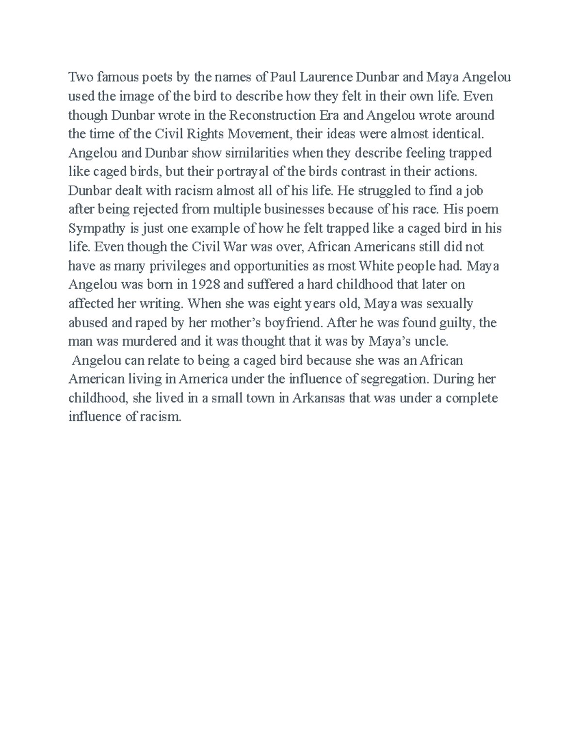 Angelou and Dunbar 8 sentence paragraph Symbolism Comparisonntitled ...
