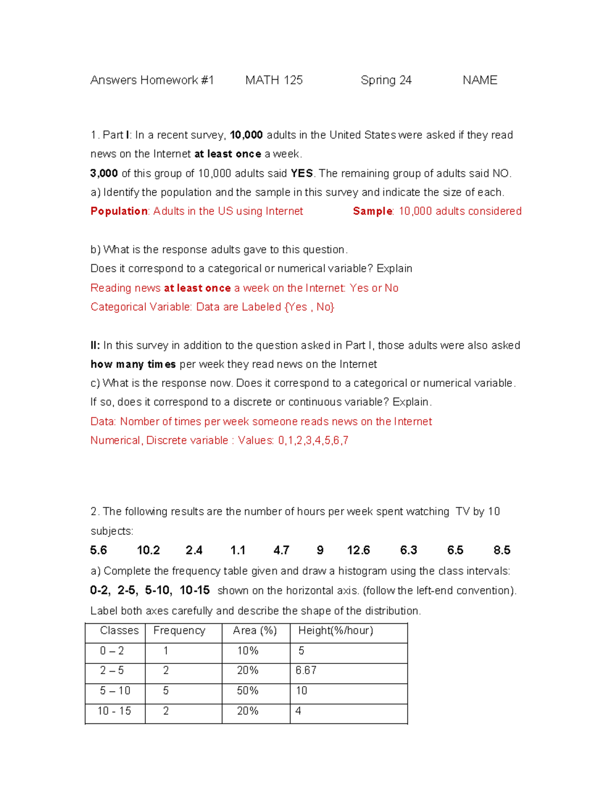Answers HW #1 S 24 (Chapters 1-4) - Answers Homework #1 MATH 125 Spring ...