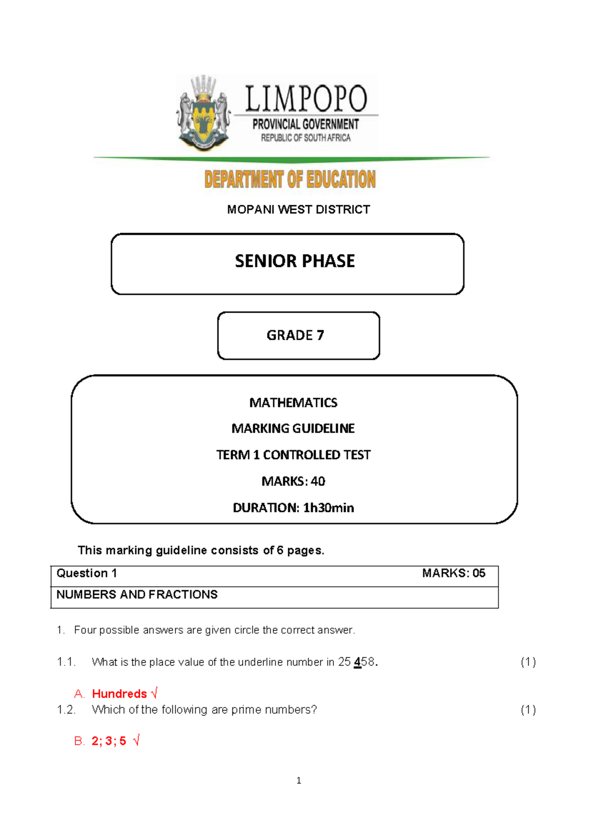 Grade 7 Mathematics Controlled- TEST TERM 1 2023 Marking Guideline ...