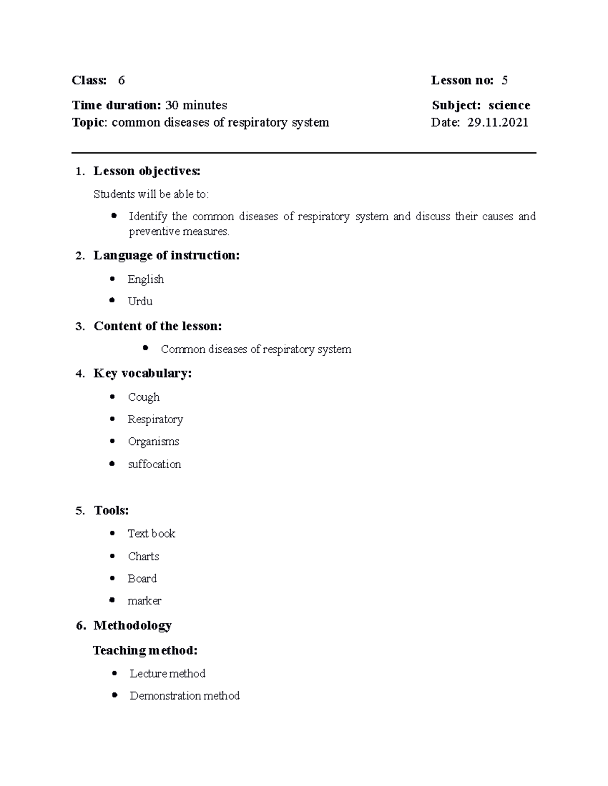 Lesson plan of 5 class - Experience - Class: 6 Lesson no: 5 Time ...