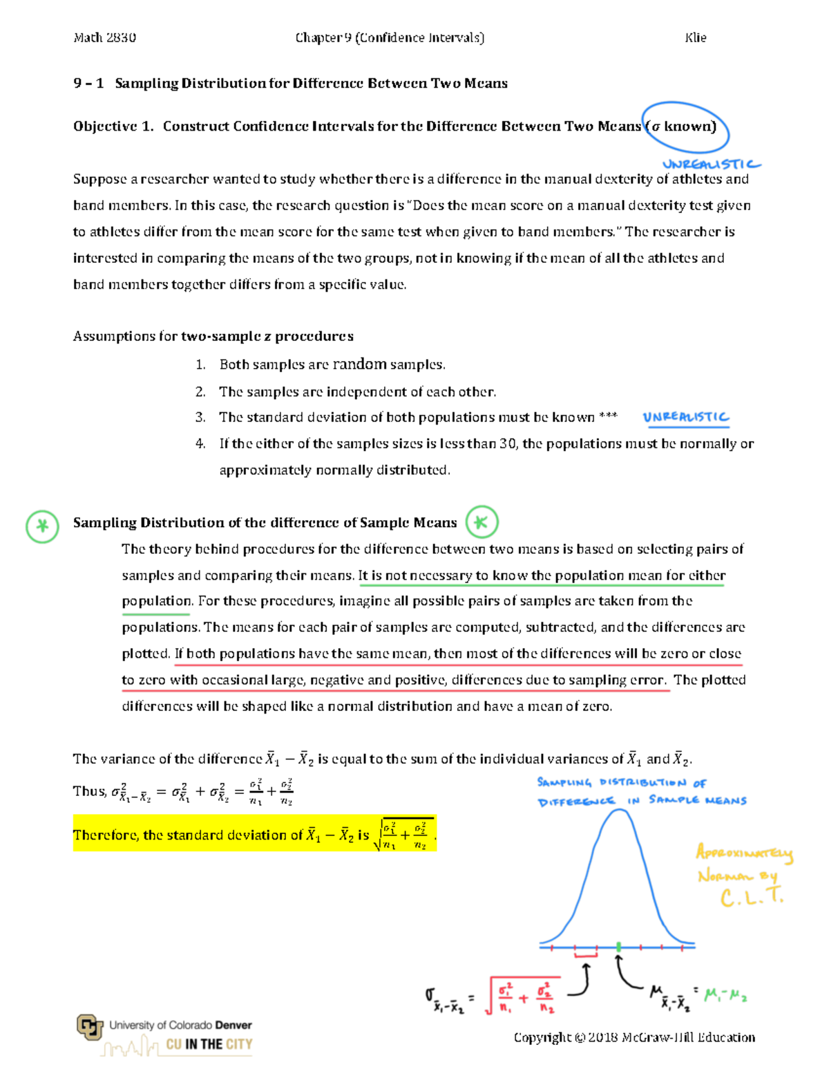 Chapter 9-Confidence intervals - 9 – 1 Sampling Distribution for Difference Between Two Means ...