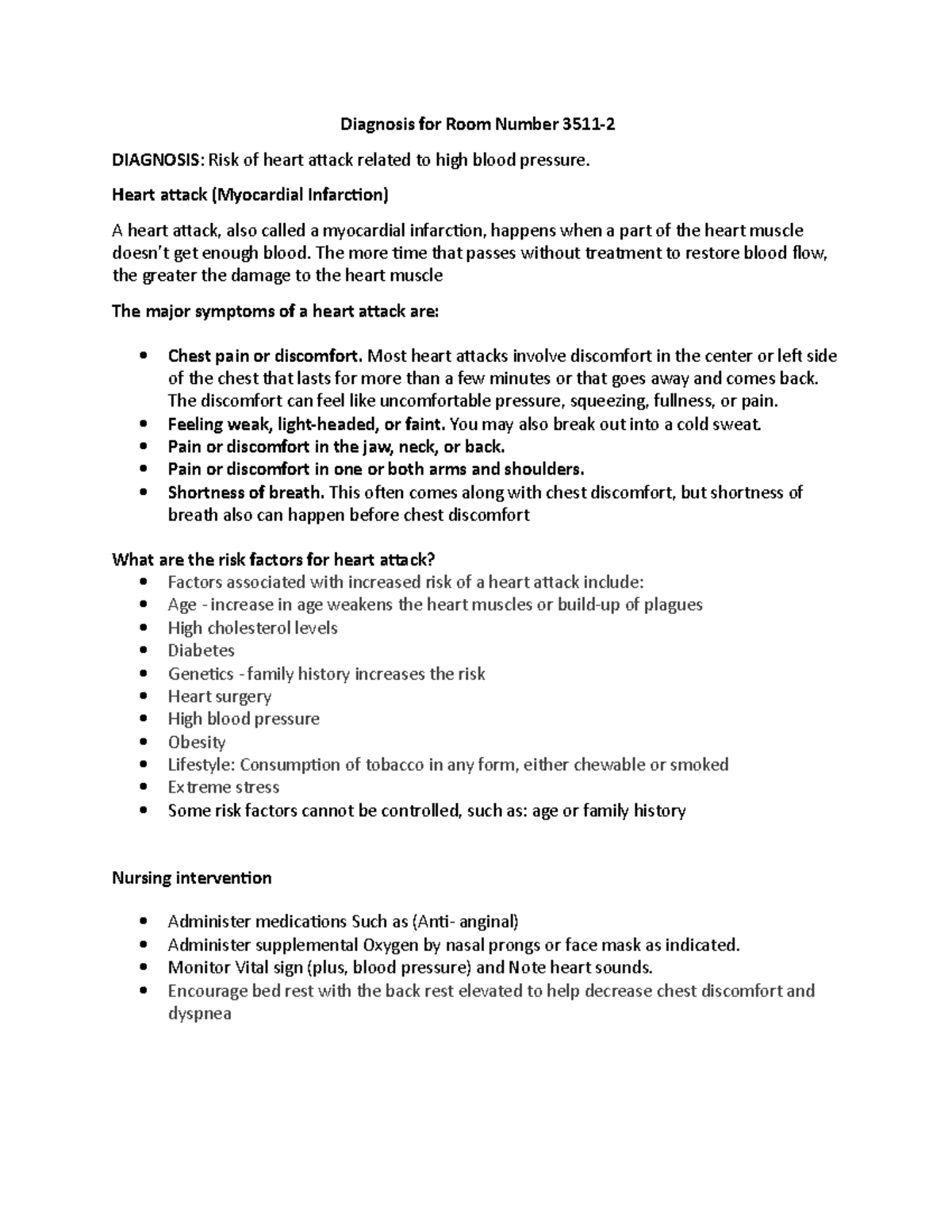 Diagnosis for Room Number 3511 - Heart attack (Myocardial Infarction) A ...