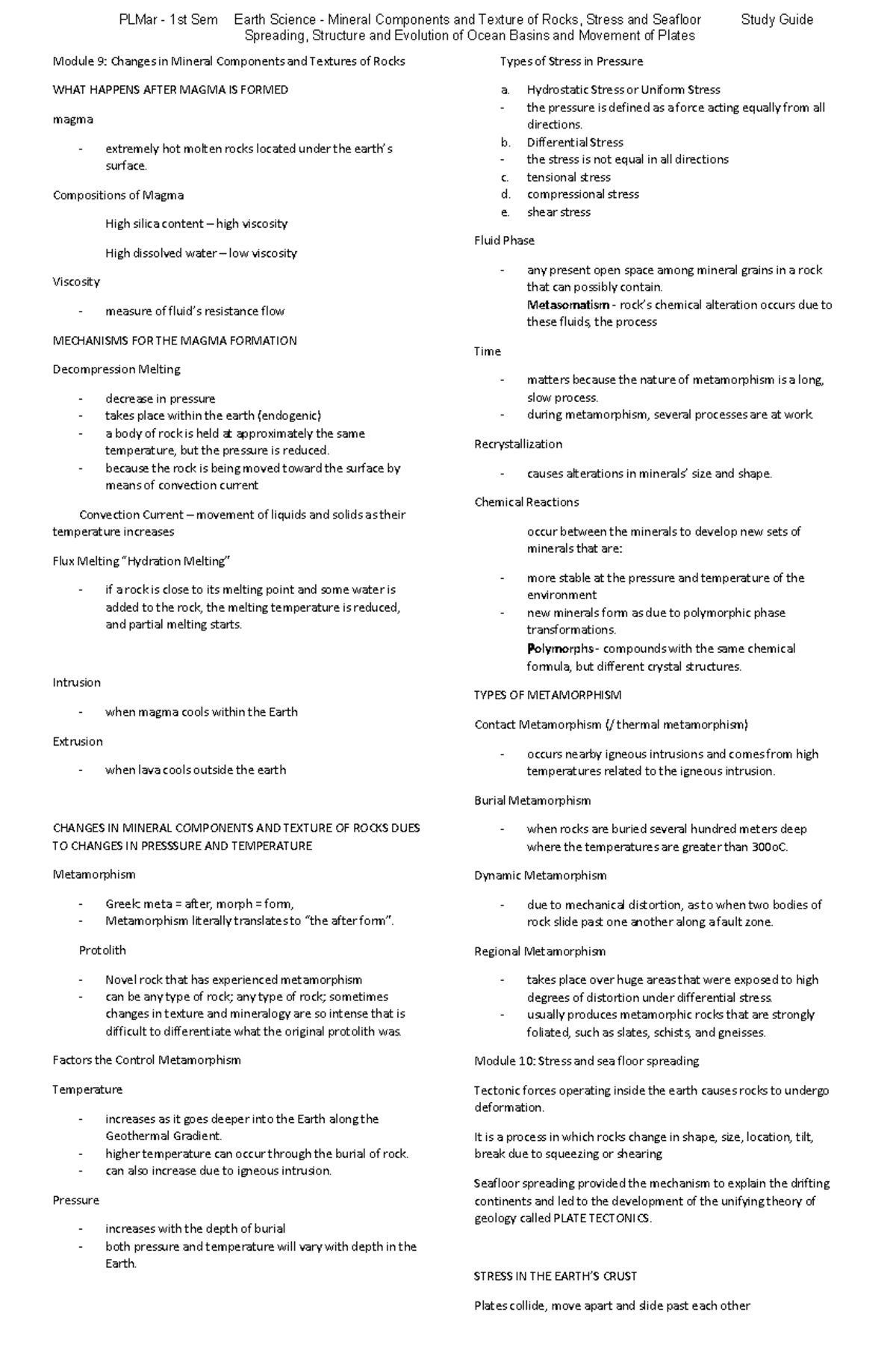 Plmar Earth Science 1st Sem 2nd Quarter Study Guide 3 - Module 9 ...