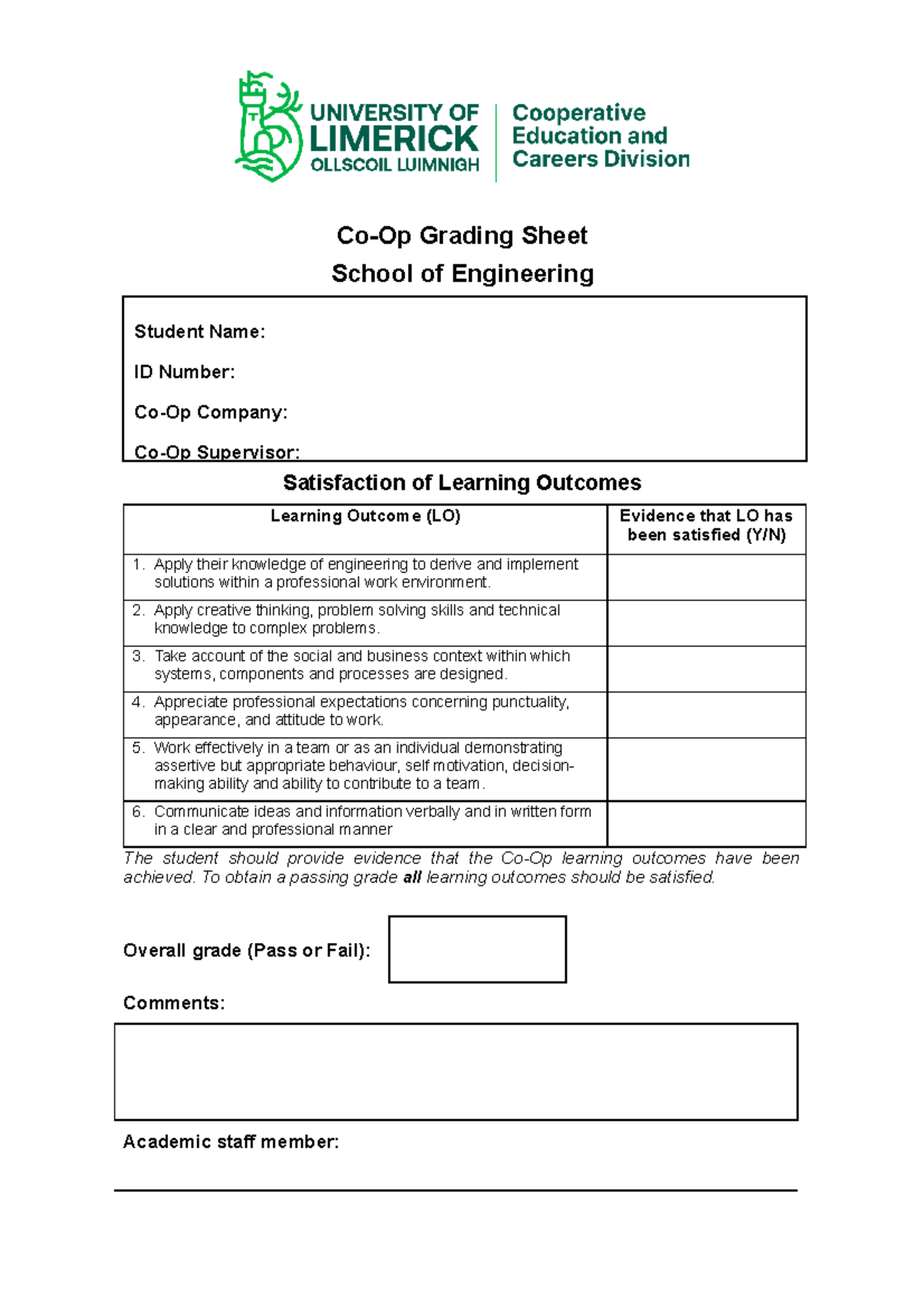 QF072 Coop Grading Sheet So E - Co-Op Grading Sheet School of ...