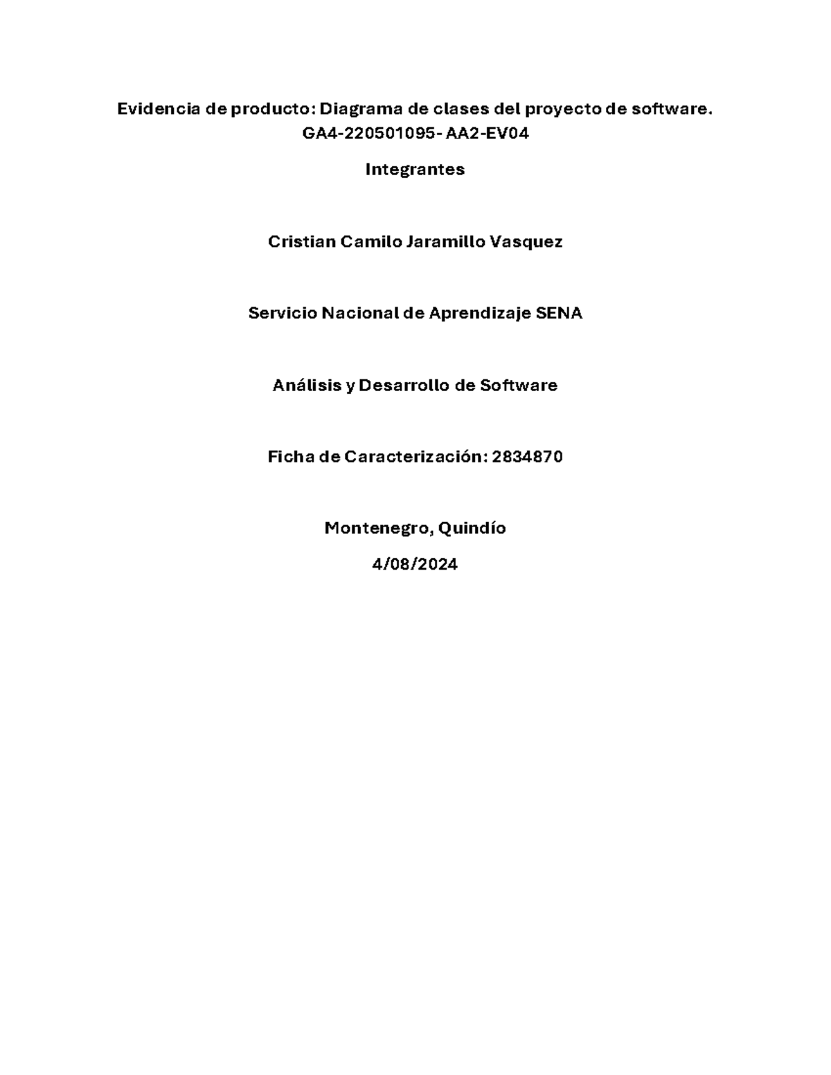 Diagrama de clases del proyecto de software. GA4-220501095- AA2-EV04 - Evidencia de producto ...