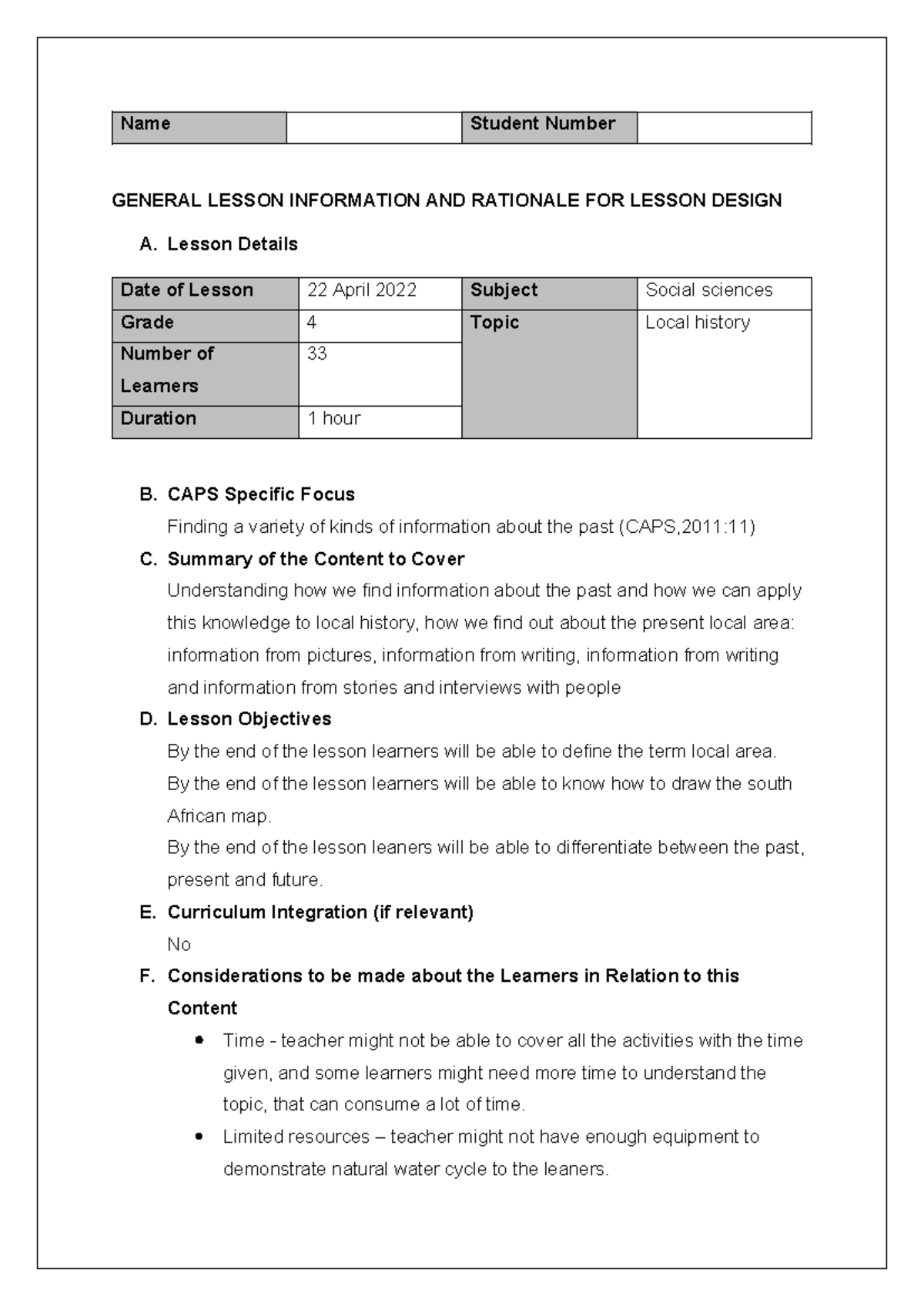 Lesson Plan social science - Name Student Number GENERAL LESSON ...