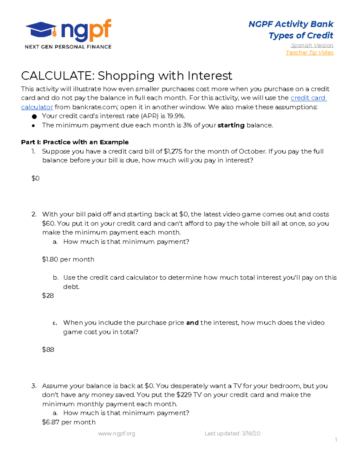 Calculate Shopping with Interest - NGPF Activity Bank Types of Credit ...