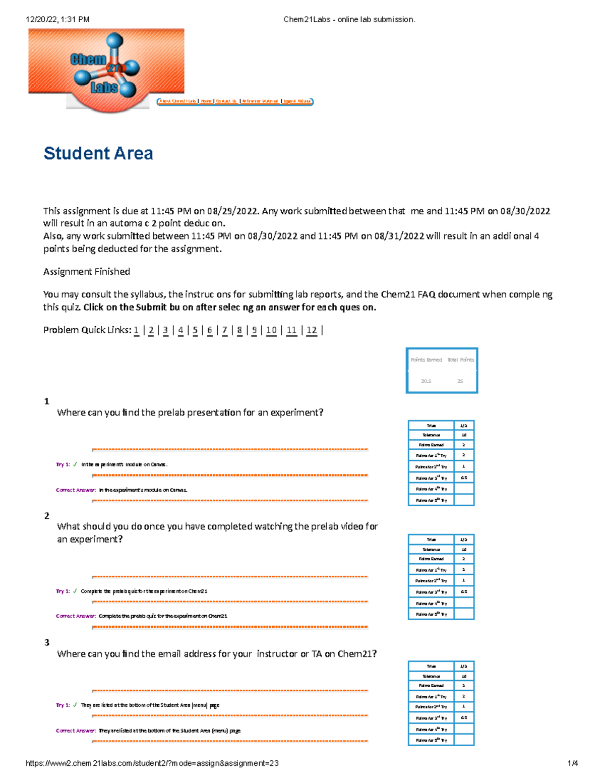 Lab Information Quiz (MC) - Points Earned Total Points 20 25 Where can ...
