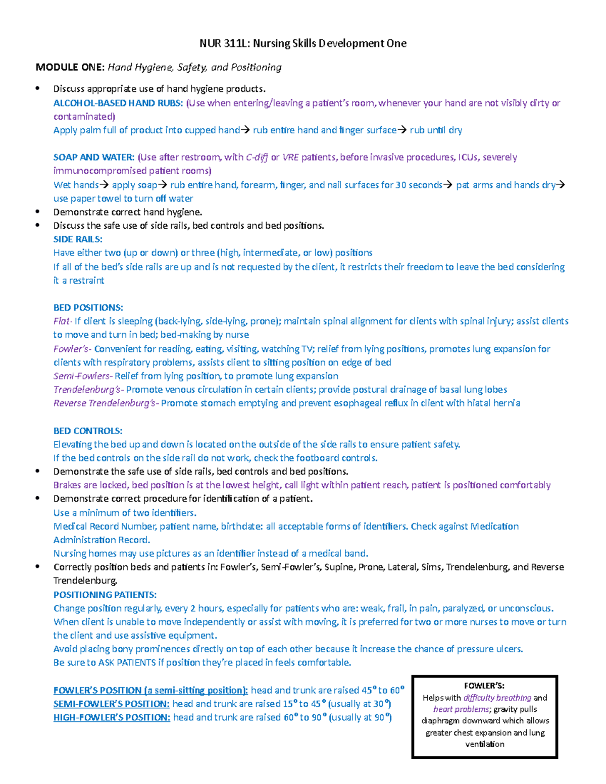 NUR 311L Final Review - NUR 311L: Nursing Skills Development One MODULE ...