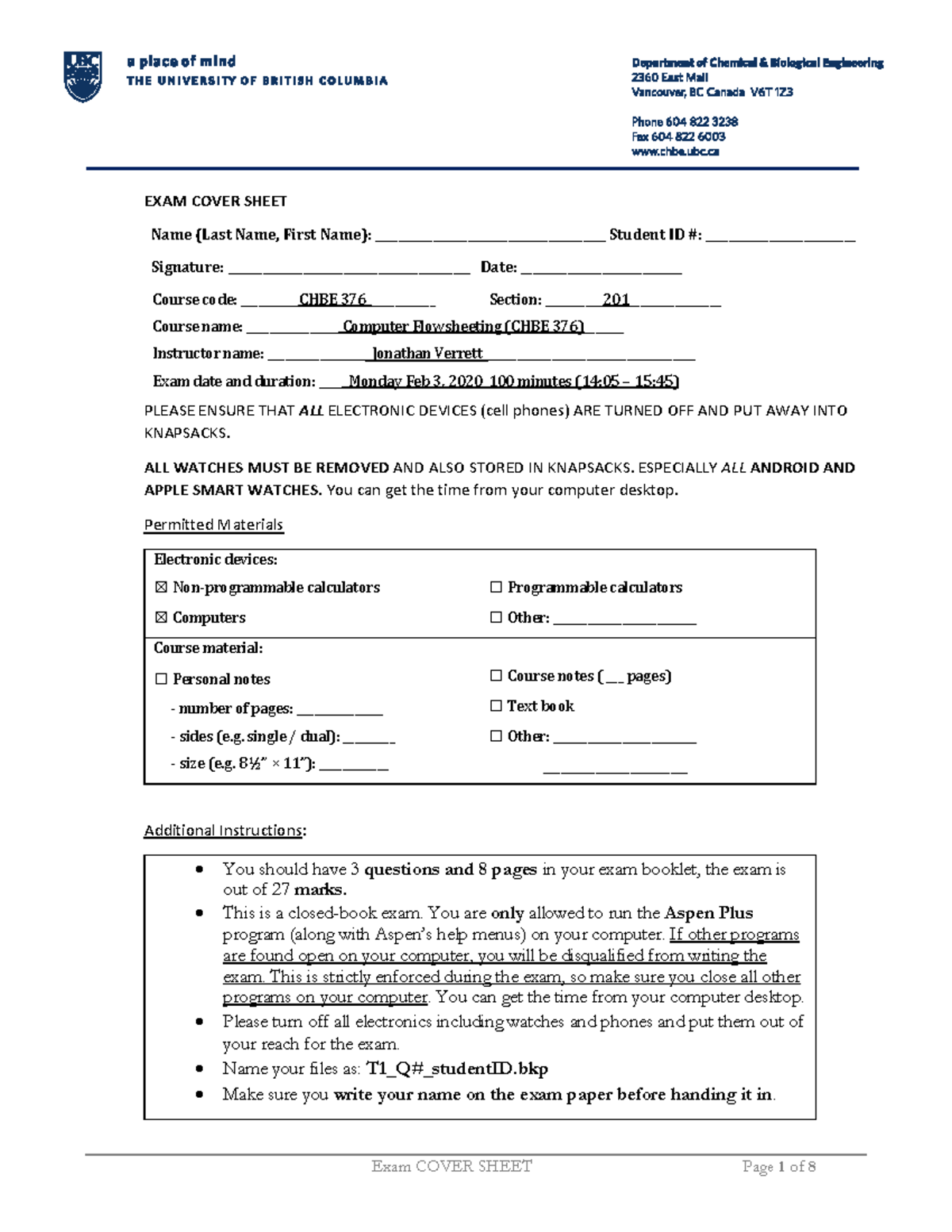 (2019 ) Test 1 - Midterm 1 2019 - Exam COVER SHEET Page 1 of 8 EXAM ...