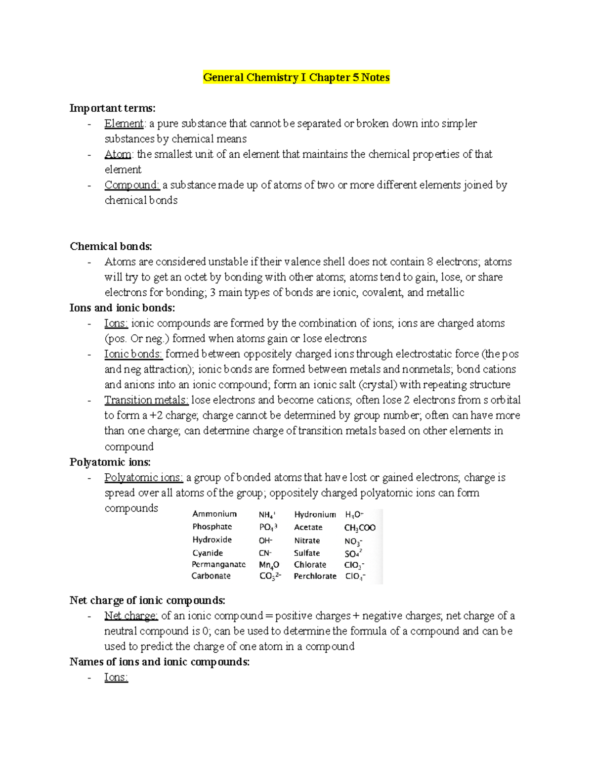 General Chemistry I Chapter 5 Notes - Or neg.) formed when atoms gain ...