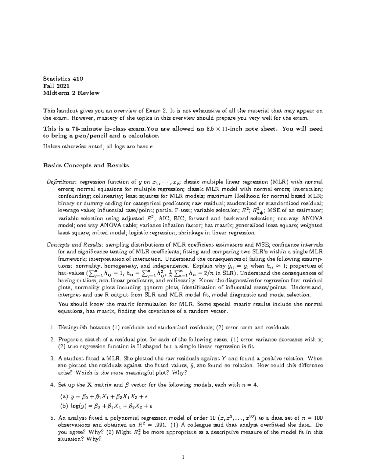 Fall 2021 Exam2 Review - Statistics 410 Fall 2021 Midterm 2 Review This ...