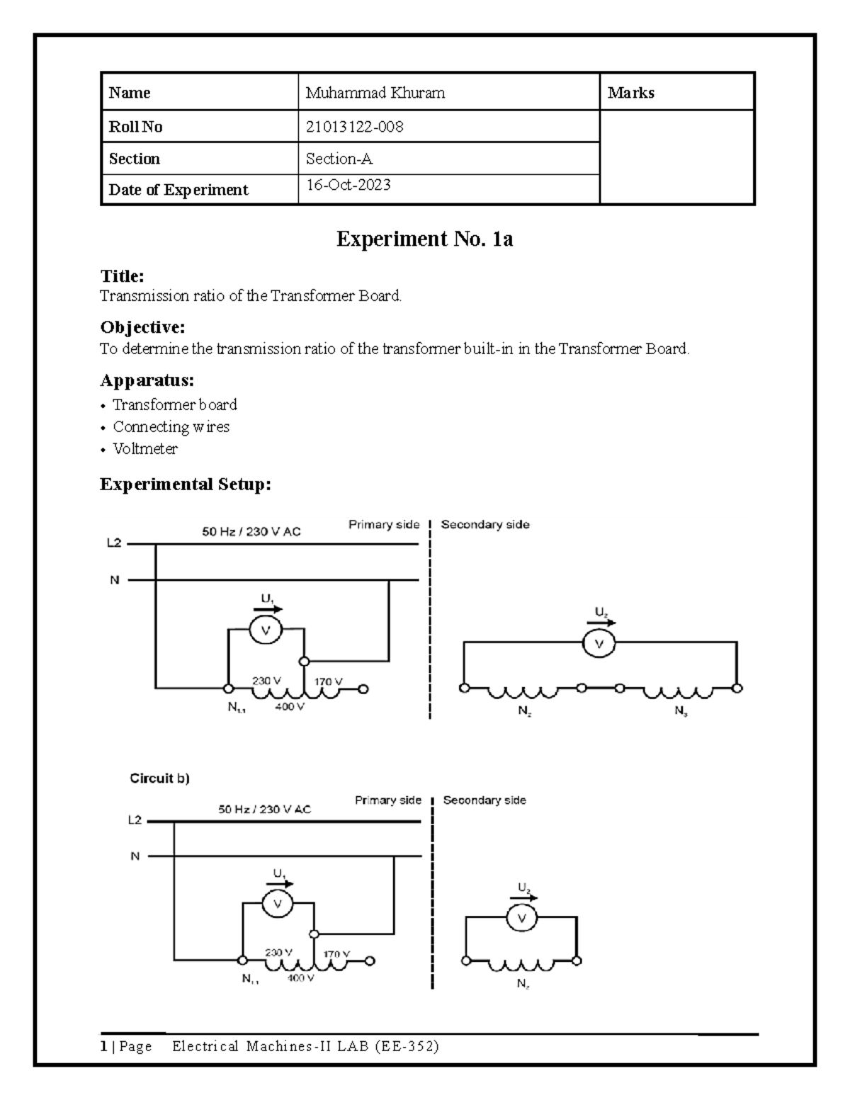 LAB Manual - Experiment No. 1 a Title: Transmission ratio of the ...