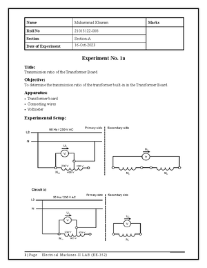 Experiment No 4 - ELECTRICAL MACHINE 2 - Experiment No 4 Title: No load losses of transformer ...