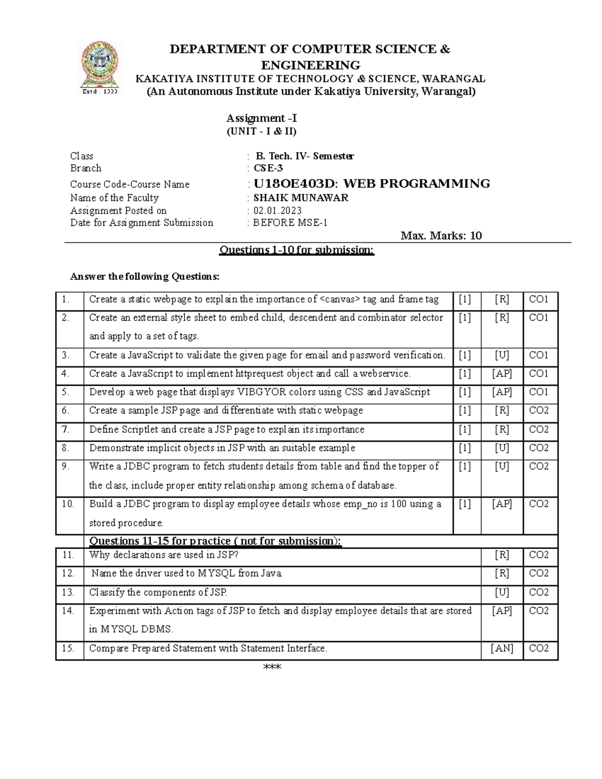 Assignment 1 QP 2022 23 - DEPARTMENT OF COMPUTER SCIENCE & ENGINEERING KAKATIYA INSTITUTE OF ...