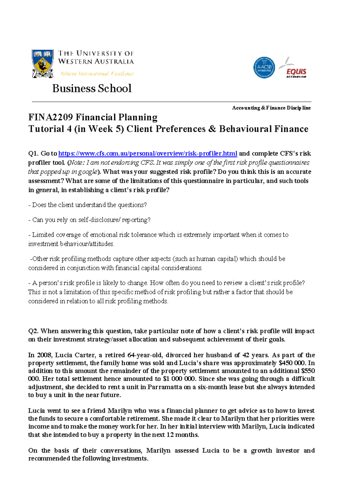 Tutorial 4 solutions - Business School Accounting & Finance Discipline ...