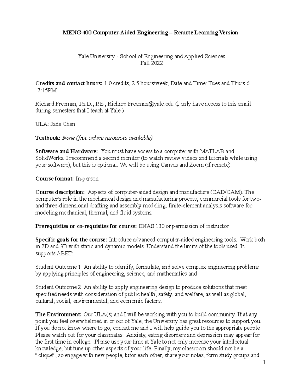 MENG 400 Engineering Remote Learning Yale University Fall 2022 - Studocu