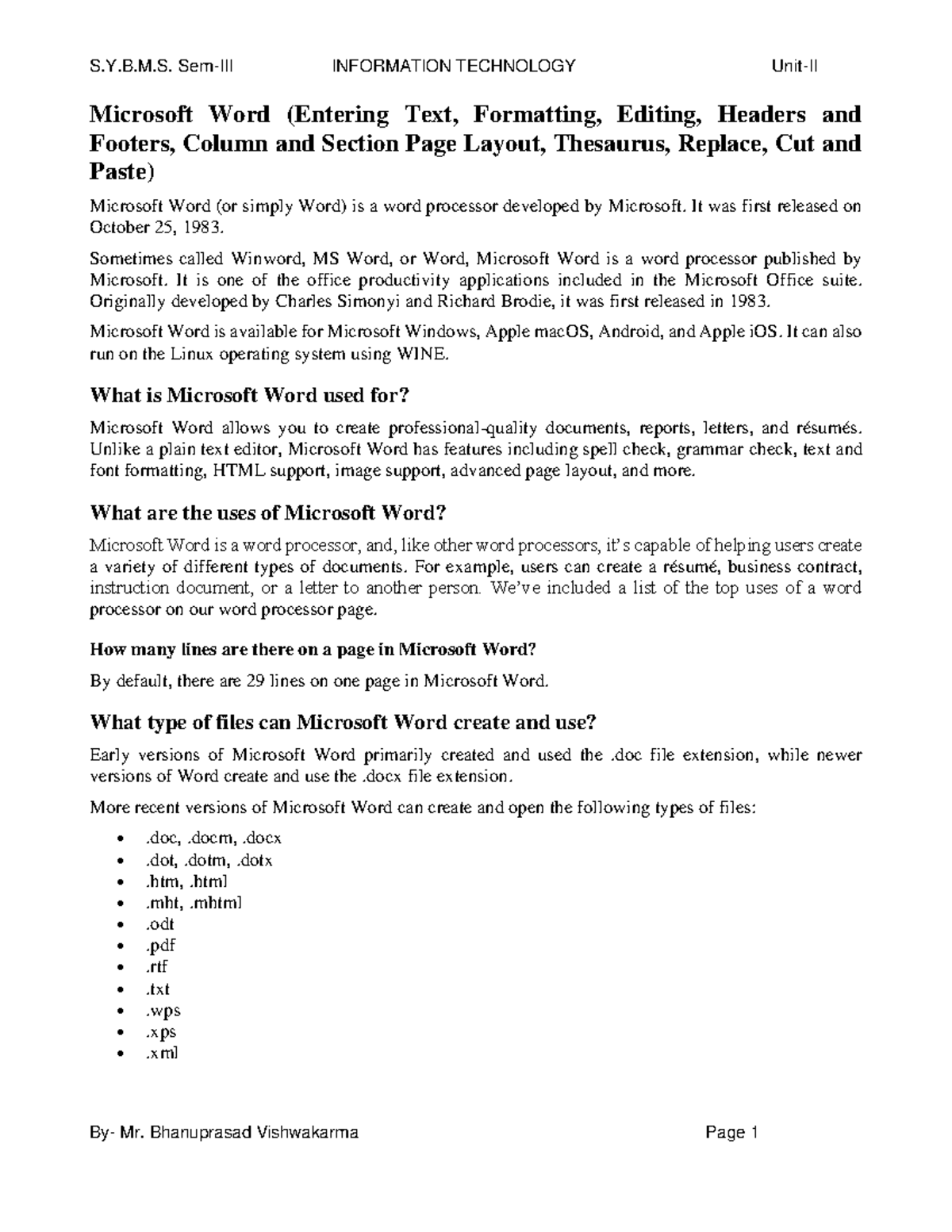 SY BMS SEM III IT- Unit-II - Microsoft Word (Entering Text, Formatting ...