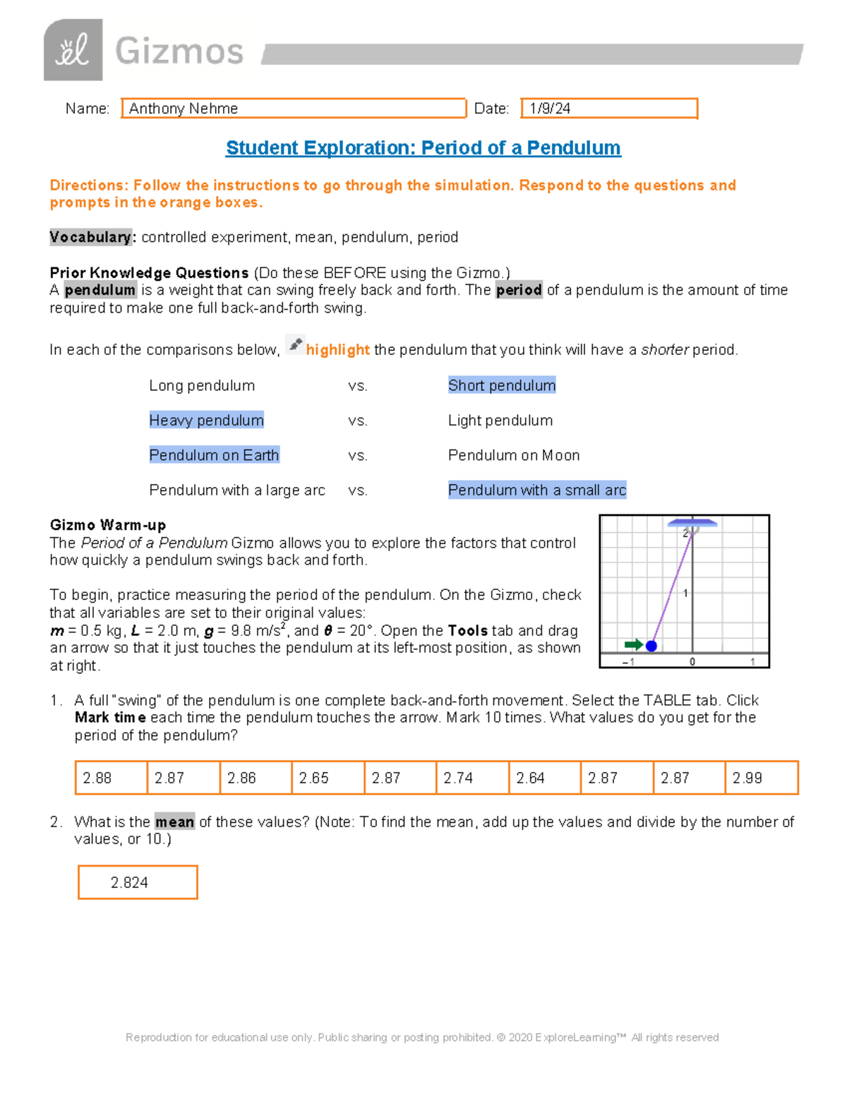 Copy of Period Pendulum SE - Name: Anthony Nehme Date: 1/9/ Student ...