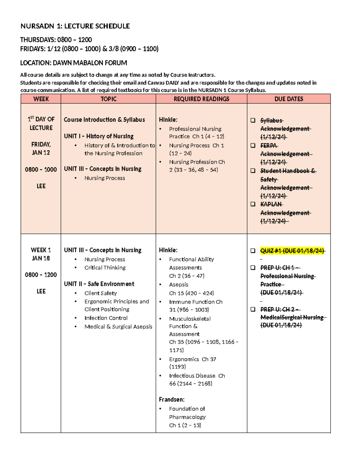 Lecture schedule spring 24 - NURSADN 1: LECTURE SCHEDULE THURSDAYS ...