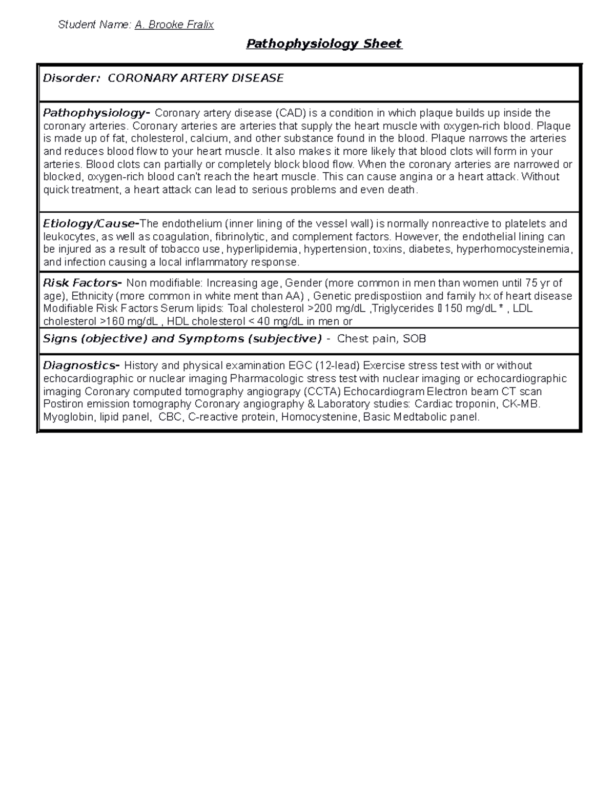 PATHO sheet- CAD (CORONARY ARTERY DISEASE) - Student Name: A. Brooke ...