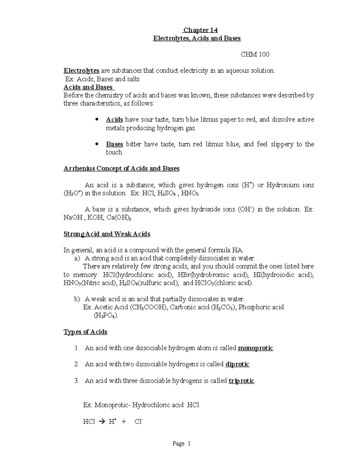 Chapter-14(Acids bases) - Chapter 14 Electrolytes, Acids and Bases CHM ...