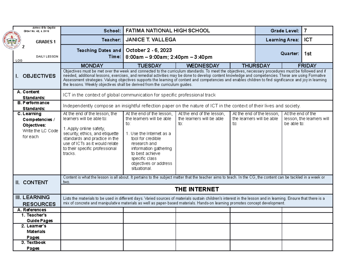 DLL- Template-6thweek STE7 - Annex B to DepEd Order No. 42, s. 2016 ...