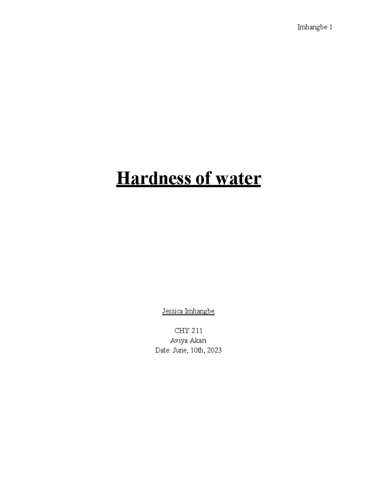 Hardness of Water Report Sheet - Hardness of water Jessica Imhangbe CHY ...