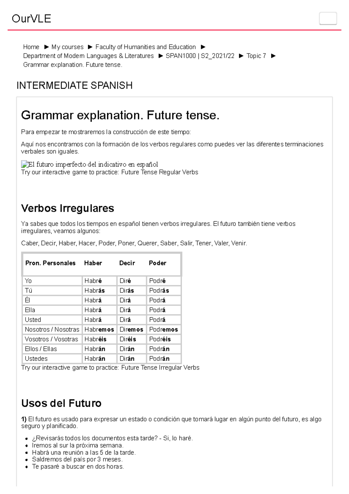 Grammar explanation. Future tense - OurVLE INTERMEDIATE SPANISH Home My ...