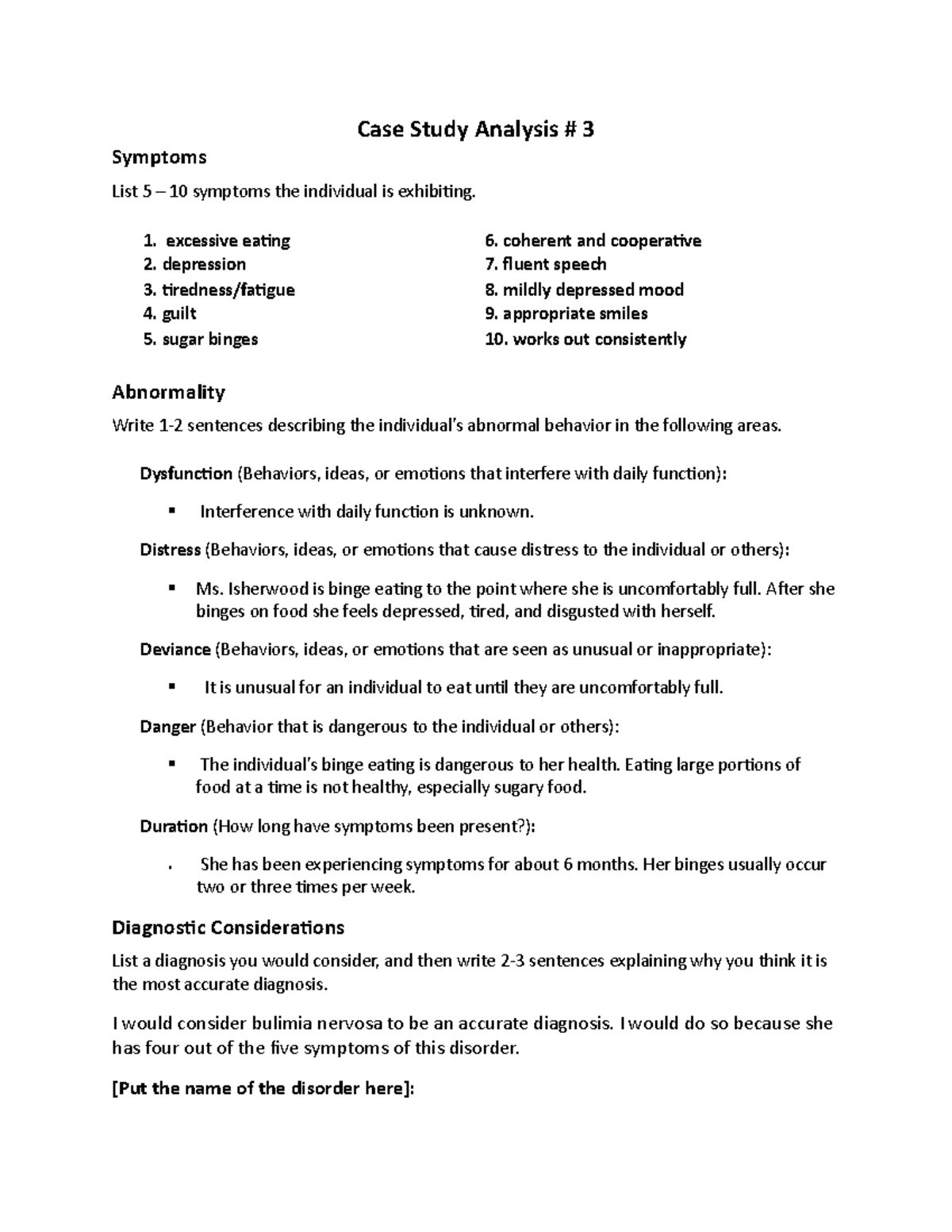 Case Study Analysis 3 - Symptoms Case Study Analysis # 3 List 5 – 10 ...