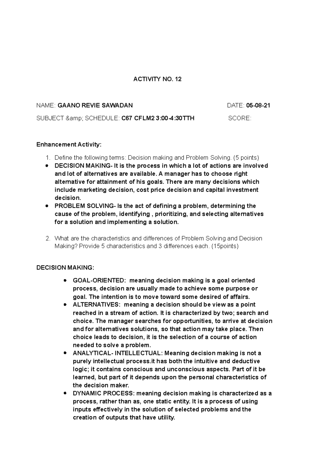 C67 CFLM 3-4TTH Module 8 - ACTIVITY NO. 12 NAME: GAANO REVIE SAWADAN ...