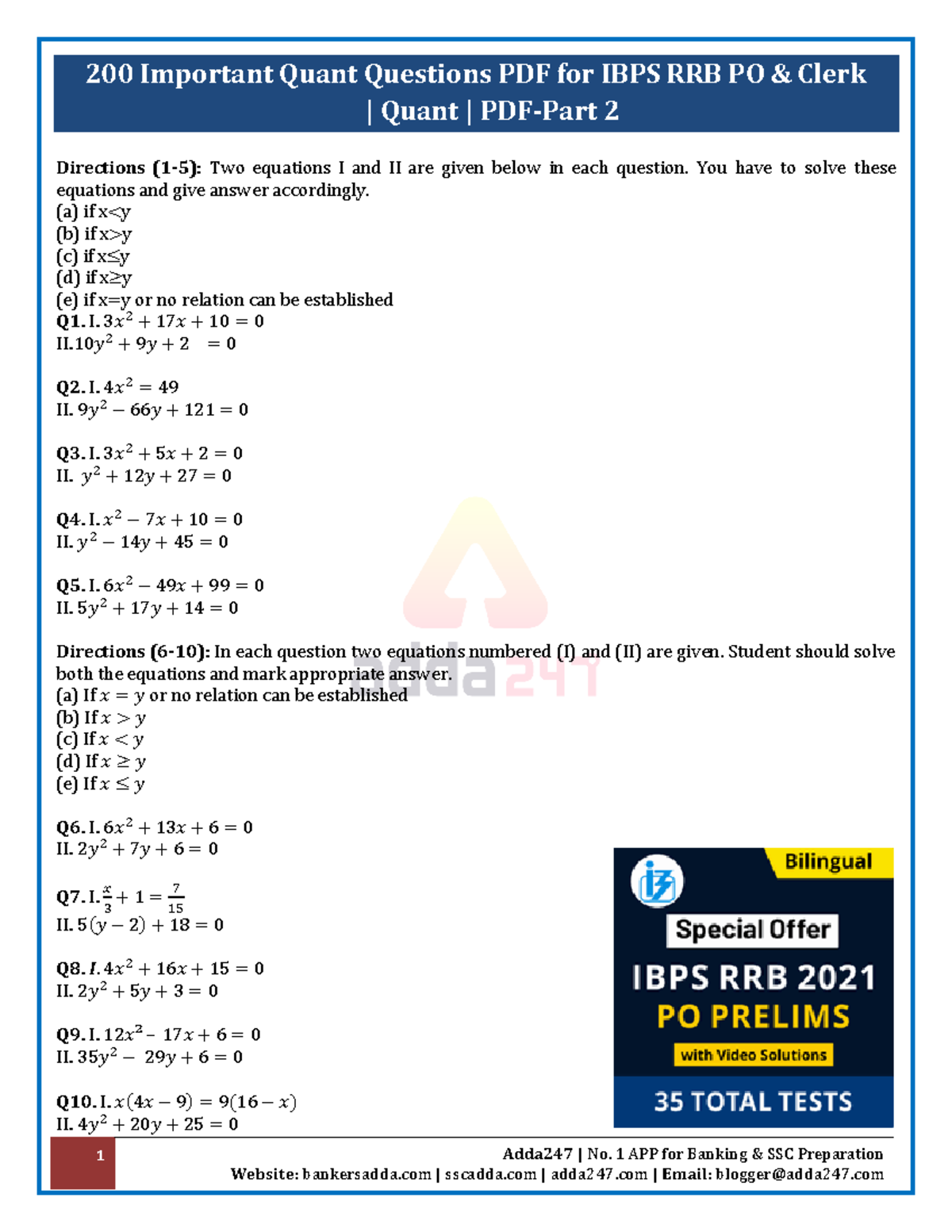 Formatted 200 Important Quant Questions PDF for IBPS RRB PO Clerk Quant PDF Part 2 Questions ...