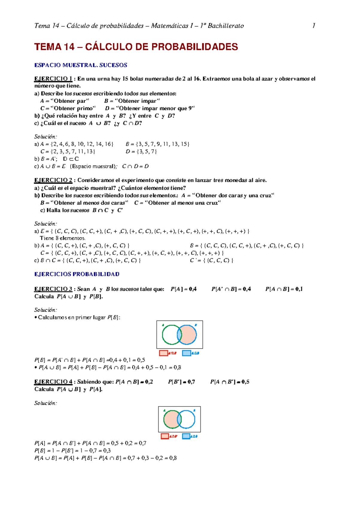 Ejercicios resueltos - TEMA 14 – CÁLCULO DE PROBABILIDADES ESPACIO MUESTRAL. SUCESOS EJERCICIO 1 ...