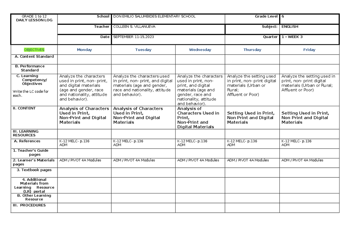 WEEK3-dll- English - DLL - GRADE 1 to 12 DAILY LESSON LOG School DON ...