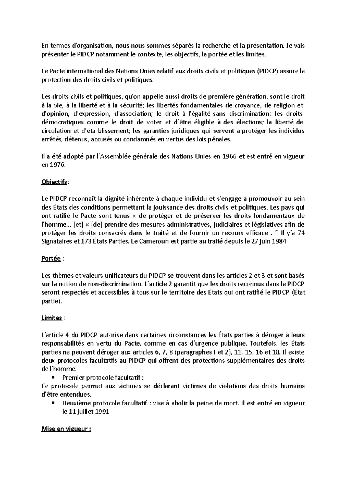 Pidcp - notes - En termes d’organisation, nous nous sommes séparés la ...