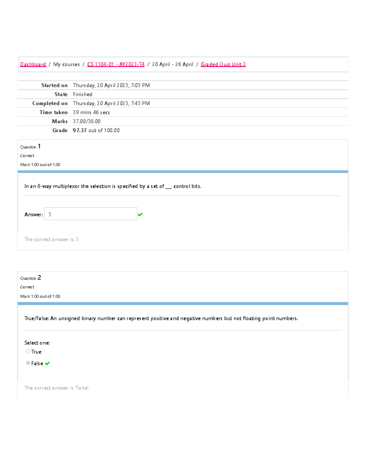 CS 1104 - Computer Systems Graded Quiz Unit 3 - Started on Thursday, 20 ...
