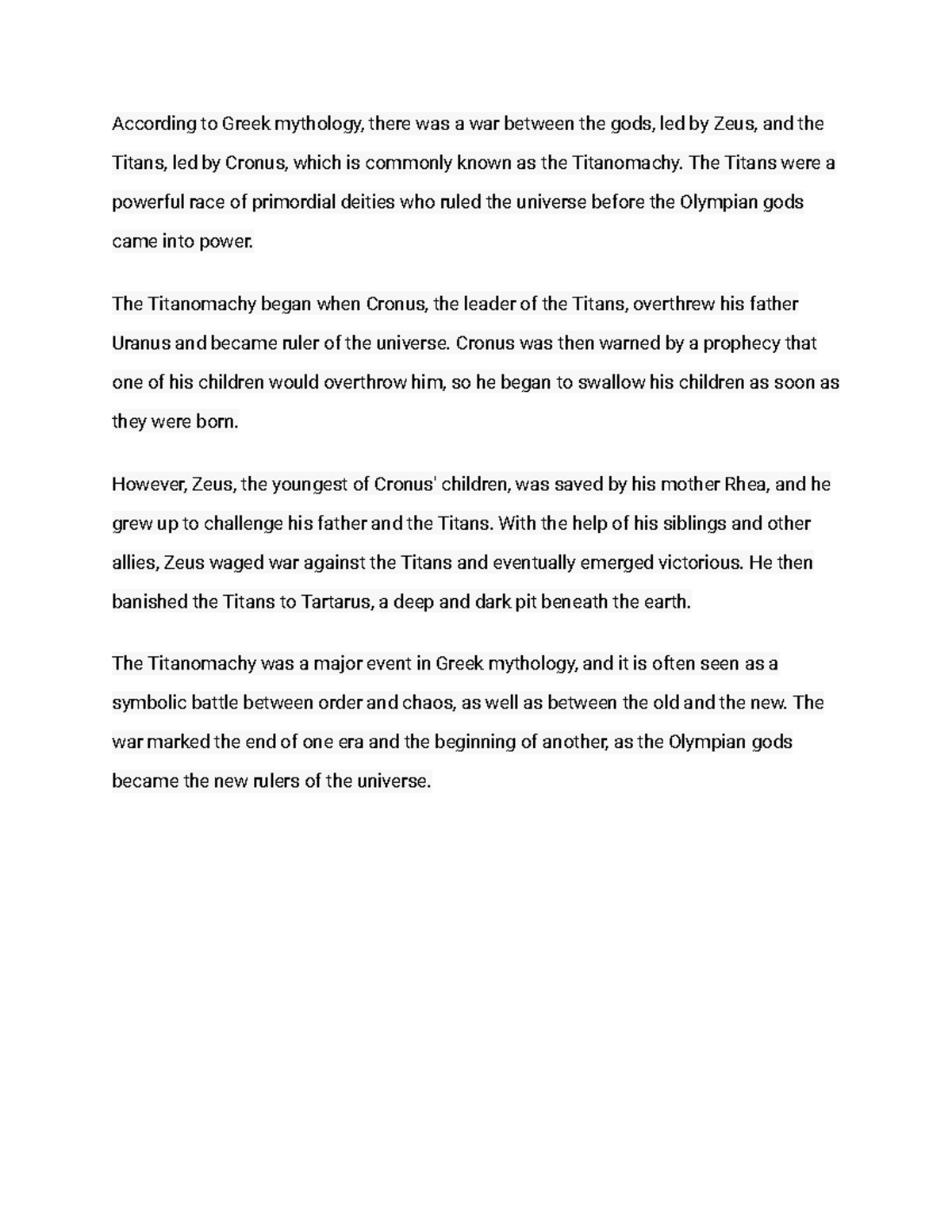 Titanomachy notes - According to Greek mythology, there was a war ...