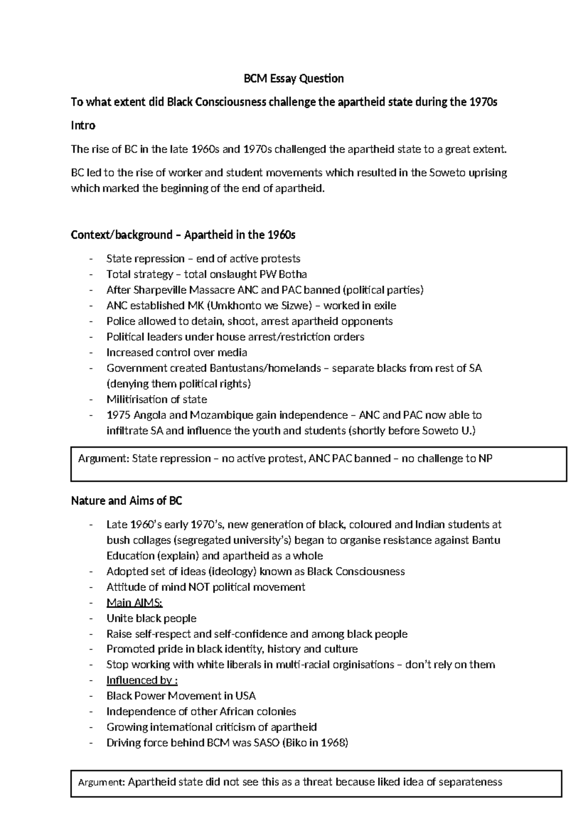 BCM essay - BCM Essay Question To what extent did Black Consciousness ...